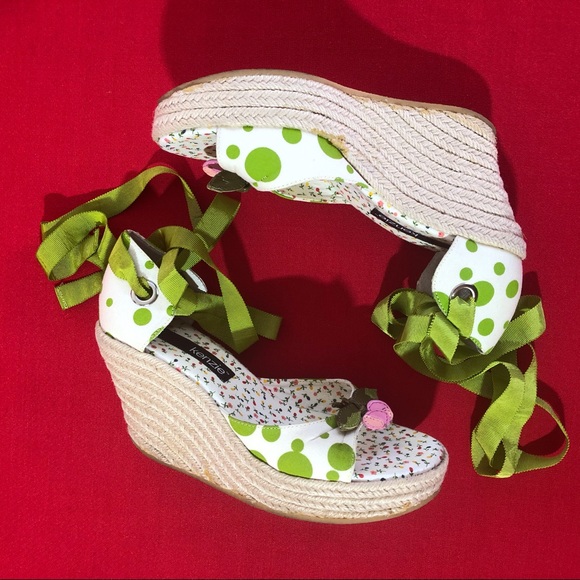 kenzie | Shoes | Kenzie Polka Dot White Pink Green Wedge Tie Heel 6 ...